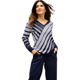 Damen V-Ausschnitt-Pullover mit Streifen-Muster marine-wei&szlig;-gemustert, Gr&ouml;&szlig;e 42