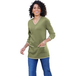 Damen Longpullover kontrastfarbigen Ripp-Blenden schilf, Gr&ouml;&szlig;e 44