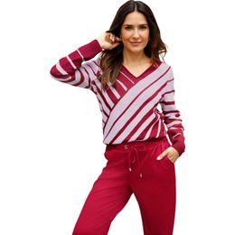 Damen V-Ausschnitt-Pullover mit Streifen-Muster rot-wei&szlig;-gemustert, Gr&ouml;&szlig;e 54