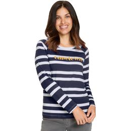 Damen Streifenshirt mit goldfarbener Aufschrift marine-wei&szlig;-geringelt, Gr&ouml;&szlig;e 52
