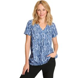 Damen Tunika in ausgestellter Schlupfform jeansblau-ecru-bedruckt, Gr&ouml;&szlig;e 56