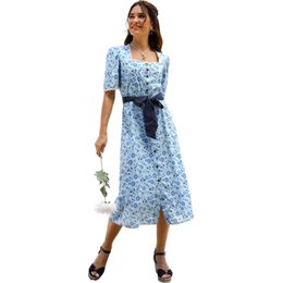 Damen Trachtenkleid mit leichten Puff&auml;rmeln hellblau-marine-bedruckt, Gr&ouml;&szlig;e 48