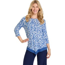 Damen 3/4-Arm-Shirt mit spitz zulaufendem Saum ecru-himmelblau-bedruckt, Gr&ouml;&szlig;e 56