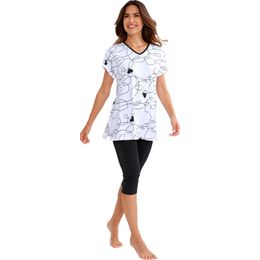 Damen Capri-Schlafanzug aus Longshirt und Leggings wei&szlig;-schwarz, Gr&ouml;&szlig;e 36/38