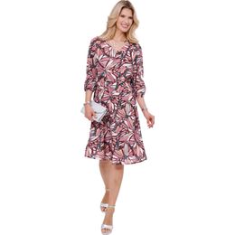 Damen Druckkleid aus Georgette, gef&uuml;ttert altrosa-t&uuml;rkis-bedruckt, Gr&ouml;&szlig;e 50