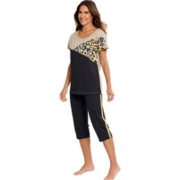 Damen Capri-Schlafanzug mit Leo-Print beige-schwarz, Gr&ouml;&szlig;e 40/42