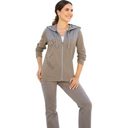 Damen Strickjacke mit Lettering-Druck sesam-steingrau, Gr&ouml;&szlig;e 48
