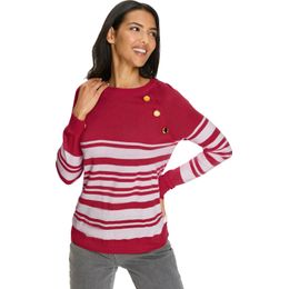 Damen Langarm-Pullover mit goldfarbenen Knöpfen rot-weiß-geringelt, Größe 48