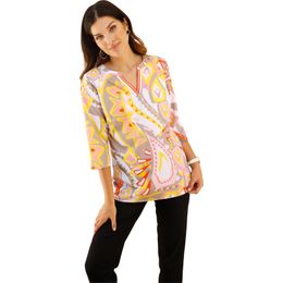 Damen Longbluse mit gestreiftem Ripsband sonnengelb-ecru-bedruckt, Gr&ouml;&szlig;e 56