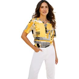 Damen Kurzarmshirt mit kurzer Knopfleiste ocker-sand-bedruckt, Gr&ouml;&szlig;e 42