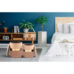 Stauraumhocker Kayoom "Hocker Zora 125 2er-Set, samtweicher Stoffbezug,runde elegante Form", braun (hellbraun, gold, braun), B:31,5cm H:38cm T:36cm, Bezug: Polyester (Samt) Korpus: MDF, Sperrholz Fassung: Stahl, Hocker, edles Design mit Metallring, gepolstert, mit Stauraum