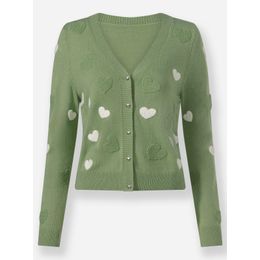 WITT Damen Strickjacke mit Herzchen-Applikationen, eucalyptus-ecru-gemustert, Gr&ouml;&szlig;e 38