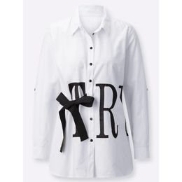 WITT Damen Longbluse mit Stickerei-Schriftzug, wei&szlig;-schwarz, Gr&ouml;&szlig;e 36