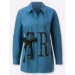 WITT Damen Longbluse mit Stickerei-Schriftzug, topas-schwarz, Gr&ouml;&szlig;e 42