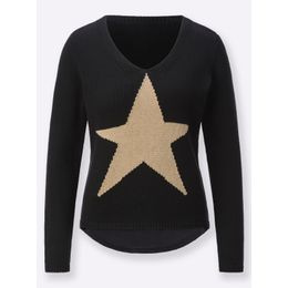 WITT Damen Langarm-Pullover mit Glitzerstern, schwarz-beige, Gr&ouml;&szlig;e 36