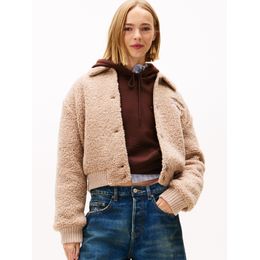 Pl&uuml;schjacke Tommy Jeans "TJW TEDDY VARSITY BOMBER", Damen, Gr. XL (42), malted milk, Pl&uuml;sch, Obermaterial: 100% Polyester, unifarben, taillenbedeckt, Rippb&uuml;ndchen, Jacken