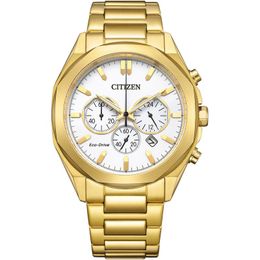 Citizen Chronograph Armbanduhr, Herrenuhr, Solar, Stoppfunktion, Edelstahlarmband goldfarben-weiß Schlichter Chronograph für Ihn