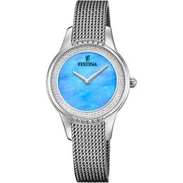 Festina Quarzuhr »Mademoiselle« Armbanduhr, Damenuhr, Edelstahlarmband, analog, Zirkonia (synth.) silberfarben-hellblau Elegante Damenarmbanduhr