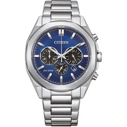 Citizen Chronograph Armbanduhr, Herrenuhr, Solar, Stoppfunktion, Edelstahlarmband silberfarben-blau Schlichter Chronograph für Ihn