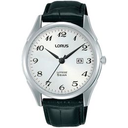 Lorus Quarzuhr Armbanduhr, Herrenuhr, Datum, Lederarmband, Saphirglas schwarz Unkomplizierte Herrenarmbanduhr
