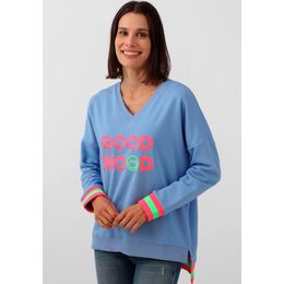 Zwillingsherz Sweatshirt &raquo;Dana&laquo;, Neon-B&uuml;ndchen, V-Ausschnitt, Langarm, Front-Stickerei new blue L/XL L/XL Damen-Sweatshirt von Zwillingsherz