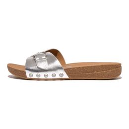 fitflop Pantolette »IQUSHION ADJUSTABLE BUCKLE METALLIC-LEATHER SLIDES«, Keilabsatz, Sommerschuh, Schlappen mit verstellbarer Bandage silberfarben...