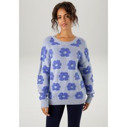 Aniston CASUAL Strickpullover mit aufgestrickten Blüten hellblau-blau 40 40 Pullover aus weichem Jacquard-Strick