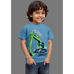 T-Shirt Kidsworld "BAGGER", Jungen, Gr. 104/110, blau, Single Jersey, Obermaterial: 100% Baumwolle, bedruckt, Basic, Rundhals, Shirts T-Shirt, l&auml;ssiger Kran-Print