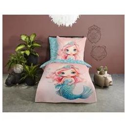 Kinderbettwäsche Good Morning "Alisse", blau (türkis), B/L: 135cm x 200cm, 1 Stk., 1 Stk., Renforcé, B/L: 80cm x 80cm, Garnitur: 2 Stk., Renforcé, Obermaterial: 100% Baumwolle, Bettwäsche, Baumwolle, 135x200, Reißverschluss, Wende, Kind, Mädchen Meerjungfrau