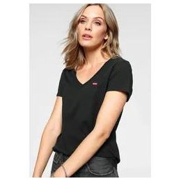 Levi's V-Shirt LEVI'S "Perfect Tee", Damen, Gr. M38, schwarz (schwarz, rot), Jersey, Obermaterial: 100% Baumwolle, bestickt, unifarben, Basic, figurbetont, V-Ausschnitt, Shirts, mit kleinem Batwing- Logo, Topseller