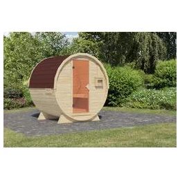 Fasssauna Karibu "naturbelassen mit Schindeln rot", beige (naturbelassen), ohne Ofen, (ohne Ofen), Saunen, aus hochwertiger nordischer Fichte