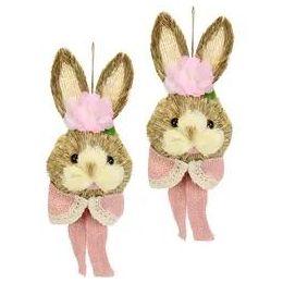 Osterhase I.GE.A. "Bast-Hasenkopf mit Blume, Frühlingsdeko", bunt (natur, braun, rosa), B:11cm H:30cm, Bast, Polyester, Dekofiguren, Osterdeko zum Aufhängen, Dekofigur, Wanddeko