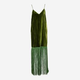forte_forte Dunkelgrünes Maxikleid aus Velours mit Fransen