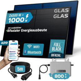 SUNNIVA&reg; 1000W Balkonkraftwerk BIFAZIAL FULLBLACK komplett Steckdose ECOFLOW 800 Watt Wechselrichter, PV Solaranlage Komplettset, 2x 500W N-Type Glas-Glas Bifacial Solarmodule, 5m Kabel & 4x 1m Solarkabel