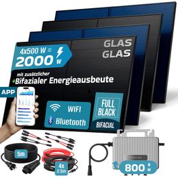 SUNNIVA&reg; 2000W Balkonkraftwerk BIFAZIAL FULLBLACK komplett Steckdose ECOFLOW 800 Watt Wechselrichter, PV Solaranlage Komplettset, 4x 500W N-Type Glas-Glas Bifacial Solarmodule, 5m Kabel & 4x 2.5m Solarkabel