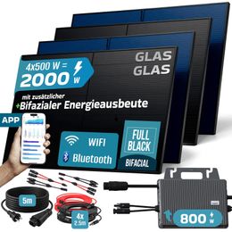 SUNNIVA&reg; 2000W Balkonkraftwerk BIFAZIAL FULLBLACK komplett Steckdose TSUN 800 Watt Wechselrichter, Solaranlage Komplettset, 4x 500W N-Type Glas Bifacial Solarmodule, 5m Kabel & 4x 2.5m Solarkabel