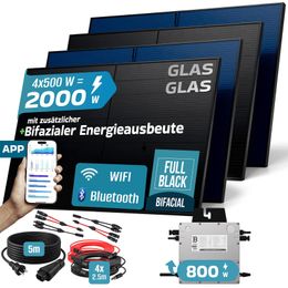SUNNIVA&reg; 2000W Balkonkraftwerk BIFAZIAL FULLBLACK komplett Steckdose BENY 800 Watt Wechselrichter, PV Solaranlage Komplettset, 4x 500W N-Type Glas-Glas Bifacial Solarmodule, 5m Kabel & 4x 2.5m Solarkabel