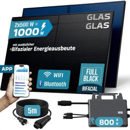 SUNNIVA&reg; 1000W Balkonkraftwerk BIFAZIAL FULLBLACK komplett Steckdose TSUNE 800 Watt Wechselrichter, PV Solaranlage Komplettset, 2x 500W N-Type Glas-Glas Bifacial Solarmodule, 5m Kabel & 4x 1m Solarkabel