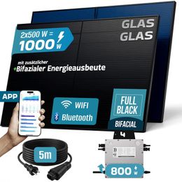 SUNNIVA&reg; 1000W Balkonkraftwerk BIFAZIAL FULLBLACK komplett Steckdose BENY 800 Watt Wechselrichter, PV Solaranlage Komplettset, 2x 500W N-Type Glas-Glas Bifacial Solarmodule, 5m Kabel & 4x 1m Solarkabel