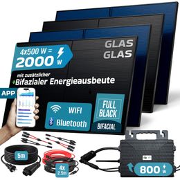 SUNNIVA&reg; 2000W Balkonkraftwerk BIFAZIAL FULLBLACK komplett Steckdose ASTRO-E 800 Watt Wechselrichter, PV Solaranlage Komplettset, 4x 500W N-Type Glas-Glas Bifacial Solarmodule, 5m Kabel & 4x 2.5m Solarkabel