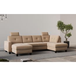 Wohnlandschaft Places of Style "Varese", braun (macciato), B:304cm H:91cm T:170cm, 100% Polyester, Sofas, wahlweise mit Bettfunktion und Bettkasten
