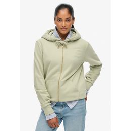 Kapuzensweatjacke Superdry "ESSENTIAL LOGO ZIPHOOD HB", Damen, Gr. L, grün (dusty sage), Sweatware, Obermaterial: 100% Seide, unifarben, Casual, relaxed fit normal, Rundhals, Rippbündchen, Sweatjacken