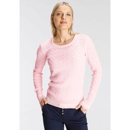 Rundhalspullover DELMAO, Damen, Gr. 40/42, rosa, Feinstrick, Obermaterial: 100% Baumwolle, Zopfmuster, bestickt, unifarben, sehr figurbetont hüftlang, Rundhals, Pullover, mit Kontaststreifen und Zopfmuster, Topseller