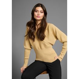 Fledermauspullover Laura Scott, Damen, Gr. 40, gold (goldfarben), Rippstrick, Obermaterial: 38% Viskose, 24% metallisierte Fasern, 20% Polyamid, 18% Polyester, metallisierte Fasern, figurbetont taillenbedeckt, tiefer V-Ausschnitt, Fledermaus&auml;rmel Rippb&uuml;ndchen, Pullover, mit Glitzereffekt in Wickeloptik