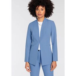 Longblazer Tamaris, Damen, Gr. 34, blau (hellblau), Web, Obermaterial: 93% Polyester, 7% Elasthan. Futter: 100% Polyester, figurbetont Po-bedeckend, tiefer V-Ausschnitt, Blazer Longblazer, ohne Revers mit Häkchenverschluss