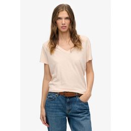 T-Shirt Superdry "STUDIOS SLUB EMB VEE TEE", Damen, Gr. L, pink (mauve morn pink), Single Jersey, Obermaterial: 60% Baumwolle, 40% Lyocell, unifarben, regular fit normal, V-Ausschnitt, Shirts T-Shirt