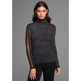 Rollkragenpullover Laura Scott, Damen, Gr. 46, schwarz, Rippstrick, Obermaterial: 63% Viskose, 25% Polyamid, 12% metallisierte Fasern. Einsatz: 100% Polyester, unifarben, figurbetont h&uuml;ftbedeckend, Pullover Weihnachtspullover, mit Mesheinsatz am &Auml;rmel aus glitzerndem Lurex
