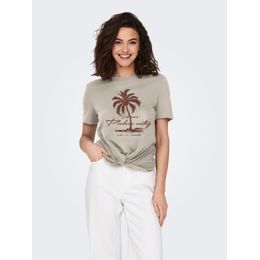 Kurzarmshirt Only "ONLCARRIE REG TWIST S/S TOP BOX CS JRS", Damen, Gr. M (38), oatmeal print:palm city sequoia, Jersey, Obermaterial: 75% Polyester, 25% Baumwolle, bedruckt, regular fit, Rundhals, Shirts