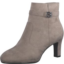 Tamaris Damen Stiefelette, Gr. 37taupe, Textil, Veloursleder, unifarben, Schuhe, Trichterabsatz, Abendschuh mit elegantem Zierriemchen mit Logoemblem