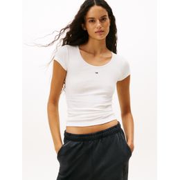 Kurzarmshirt Tommy Jeans "TJW SLIM IRREGULAR RIB SS", Damen, Gr. M (38), beige (ecru), Single Jersey, Obermaterial: 95% Baumwolle, 5% Elasthan, unifarben, figurbetont, Rundhals, Shirts, in gerippter Struktur